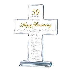 YWHL 50th Wedding Anniversary Religious Gifts for Parents, Laser Engraved Glass Standing Cross Keepsake for Couple, 50 Years of Marriage Cross Present