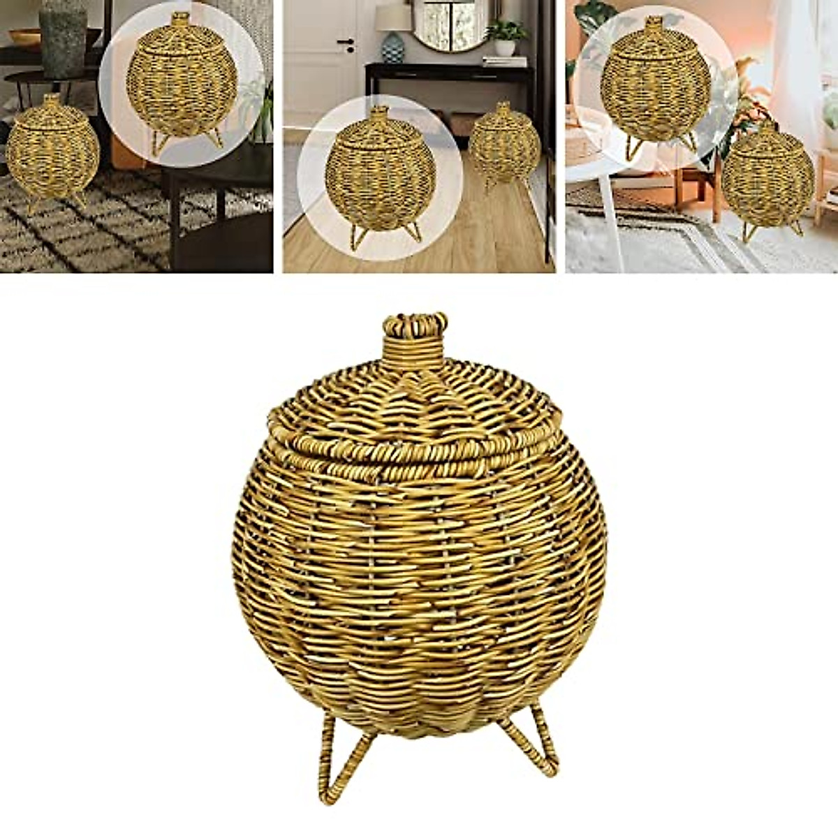Colcolo Retro Style Rattan Round Serving Basket with Lid Handmade Woven Art Decor Storage Tray Bouquets for Organizing Home Decorative Tabletop, Imitation Rattan