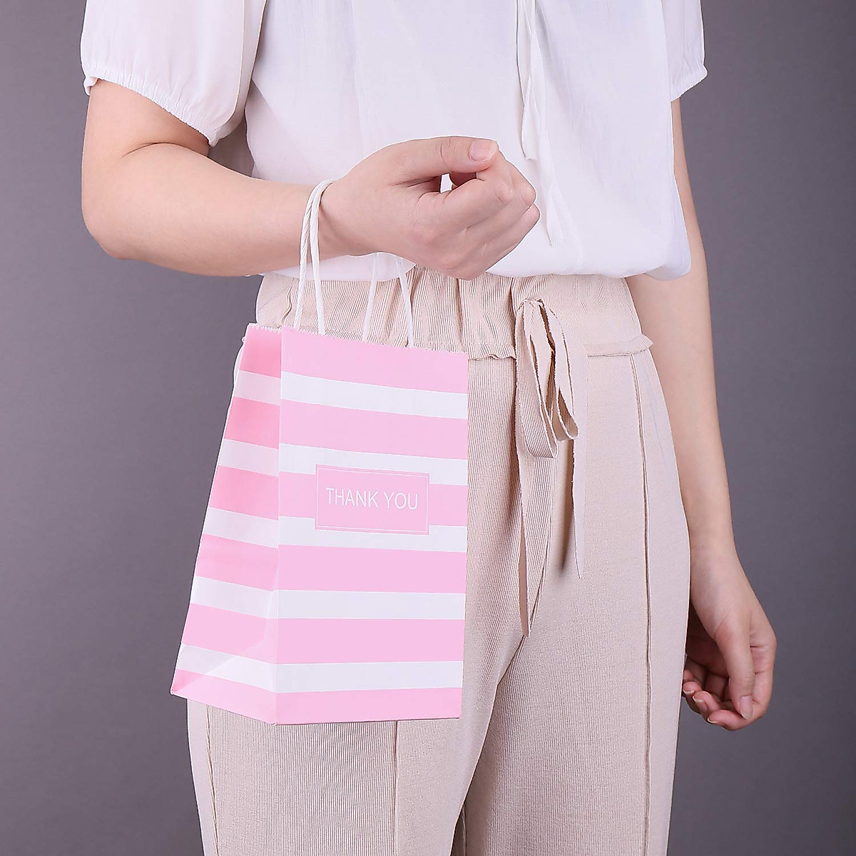 Ronvir 50Pcs Gift Bags Small 5.25 x 3.25 x 8 Inch Pink Gift Bags Striped Thank You Bags Paper Bags For Gifts, Business, Party, Baby Shower, Shopping, Goodie, Graduation, Christmas