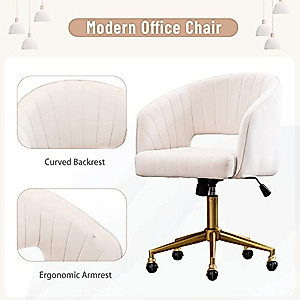ABET Desk Chair with Wheels, Velvet Home Office Chair, Swivel Armchair with Gold Base, Upholstered Modern Accent Chairs, Back Incline Adjustable for Vanity Living Room Bedroom, Off-White Cream