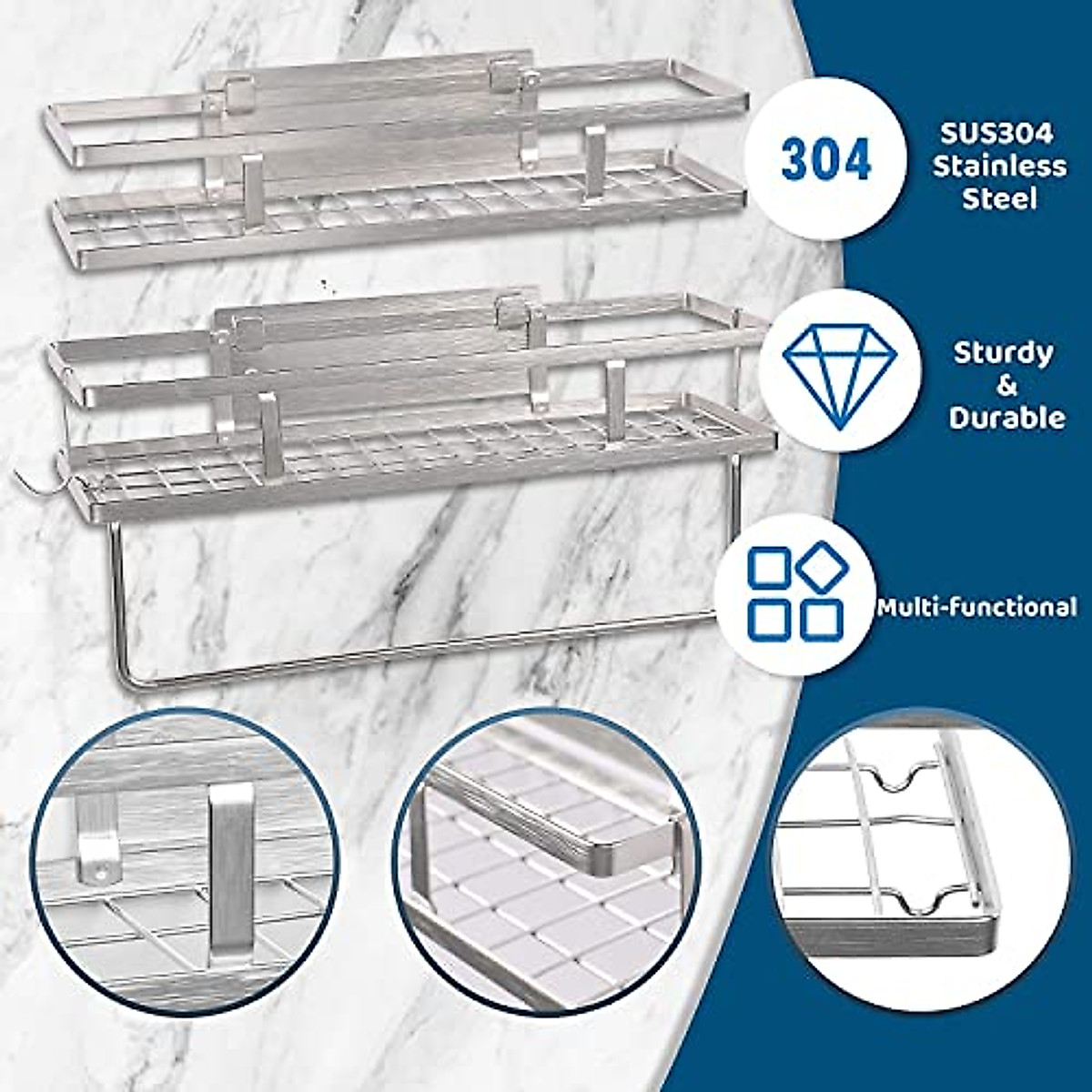 LKKL Shower Caddy Shelves - 5 in 1 Shower Shelf Bathroom Accessories - Bathroom Shelves Wall Mounted Shower Rack Organizer 2 Pack Basket Shelf, 2 Hooks, 1 Towel Holder(Brushed Nickel)