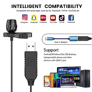 KMAG USB Lavalier Microphone, Lapel Microphone for Computer, USB-C Clip On Mic for YouTube, Recording, Podcasting, Gaming, Interview Omnidirectional Condenser Mic for PC, Laptop, Mac, Smartphone