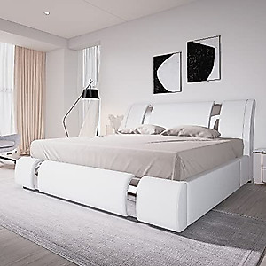 Allewie Full Size Bed Frame with Iron Piece Decor, Faux Leather Upholstered Platform Bed with Adjustable Headboard & Strong Wooden Slats, No Box Spring Needed, White