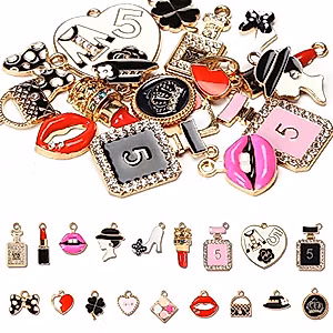 BigOtters 38PCS Assorted Mini Gold Plated Enamel Charm Set, 18PCS Women Makeup Fashion Charms Pendant Lipstick Perfume Fashion Style Charm Pendant with 20PCS Golden Ear Hooks in Jewelry Making