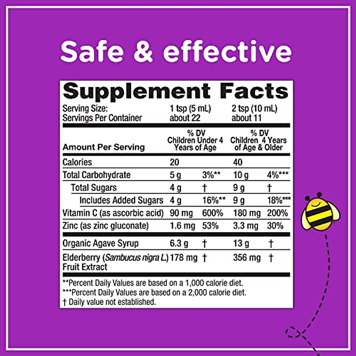 Zarbee's Elderberry Syrup for Kids, Daily Immune Support with Vitamin C & Zinc, Childrens Liquid Supplement, Natural Berry Flavor, 4 fl oz