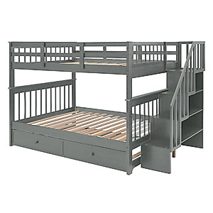 Full Over Full Bunk Beds with Stairs and Trundle Wood Bunk Bed Frame with Staircase and Storage Shelves for Kids Teens Adult, Detachable Stairway Bunkbed for Boys Girls, Gray