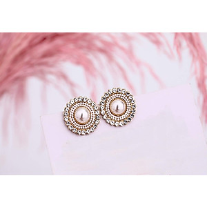 Cream Dome Big Pearl Stud Earrings, Crystals Rhinestones Art Vintage Earrings with Wedding Style