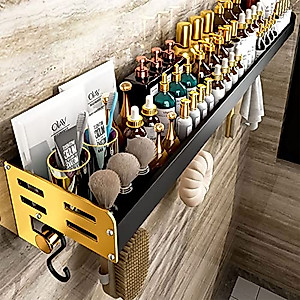 24HOCL Floating Shelves Wall Mounted with 7 Removable S Hooks, Adhesive/Drill Installation Wall Shelves for Bedroom/Bathroom/Living Room/Kitchen/Laundry Room, Storage & Decoration, Black/Gold