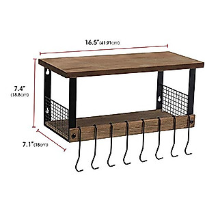 J JACKCUBE DESIGN Wall Mount Rustic Wood Floating Shelf, Coffee Mug Rack with 8 Hooks, 2 Tier Hanging Storage Shelves for Kitchen, Bathroom, and Living Room - MK455A