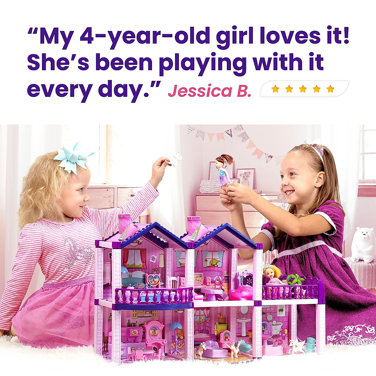 Dollhouse with 2 Princesses, 4 Unicorns, Dog, Furniture and Accessories - Pink and Purple Dream Doll House Toy for Little Girls - 5 Rooms w/Garden, Furniture and Accessories, Gift for Girls Ages 2-8