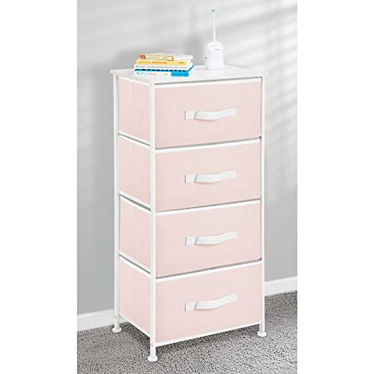mDesign Tall Dresser Storage Tower Stand with 4 Removable Fabric Drawers - Steel Frame, Wood Top Organizer for Baby, Kid, and Teen Bedroom, Nursery, Playroom, or Dorm - Jane Collection - Pink/White