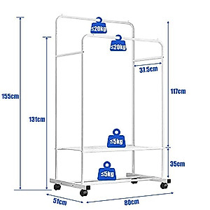 MOUTIK Double Rod Clothing Hanging Rack: Metal Rolling Garment Organizer Hanger with 2 Tier Storage Shelves - Indoor Bedroom Clothes Rack Max Load 110LBS Shelf on Wheels(White)