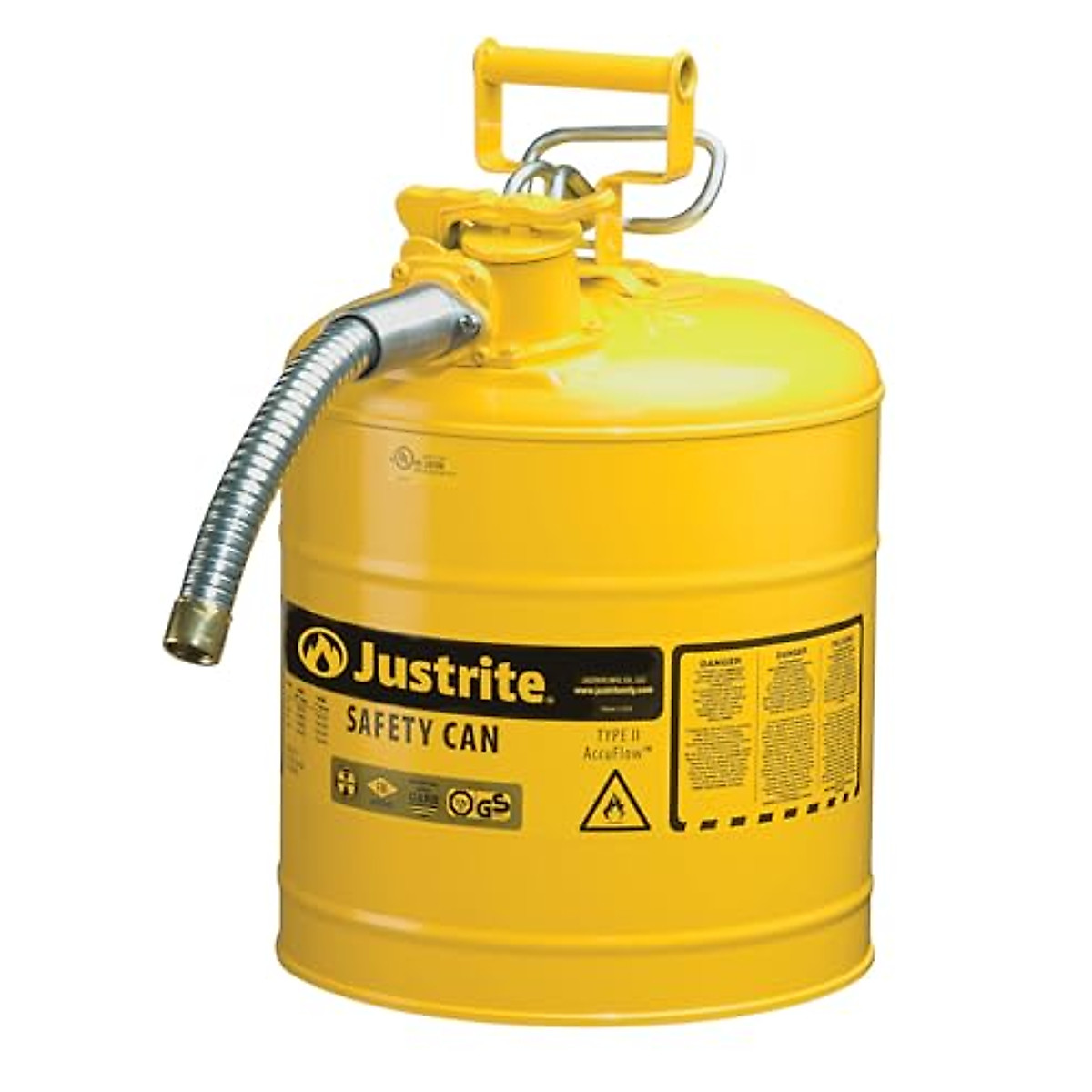 Justrite 5 Gallon Type II Yellow Safety Can for Diesel with Flame Arrester, Self-Closing Lid, and 1" Flexible Metal Spout, Made in the USA, Galvanized Steel Flammable Storage Can, 7250230
