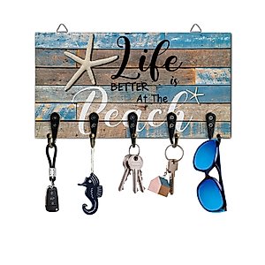 Key Holder for Wall Ocean Beach Starfish Wood Wall Mounted Key Hooks Hang Key/Dog Leash/Sunglasses Summer Farmhouse Navy Blue Key Rack Organizer with 5 Hooks for Home, Entryway, Hallway