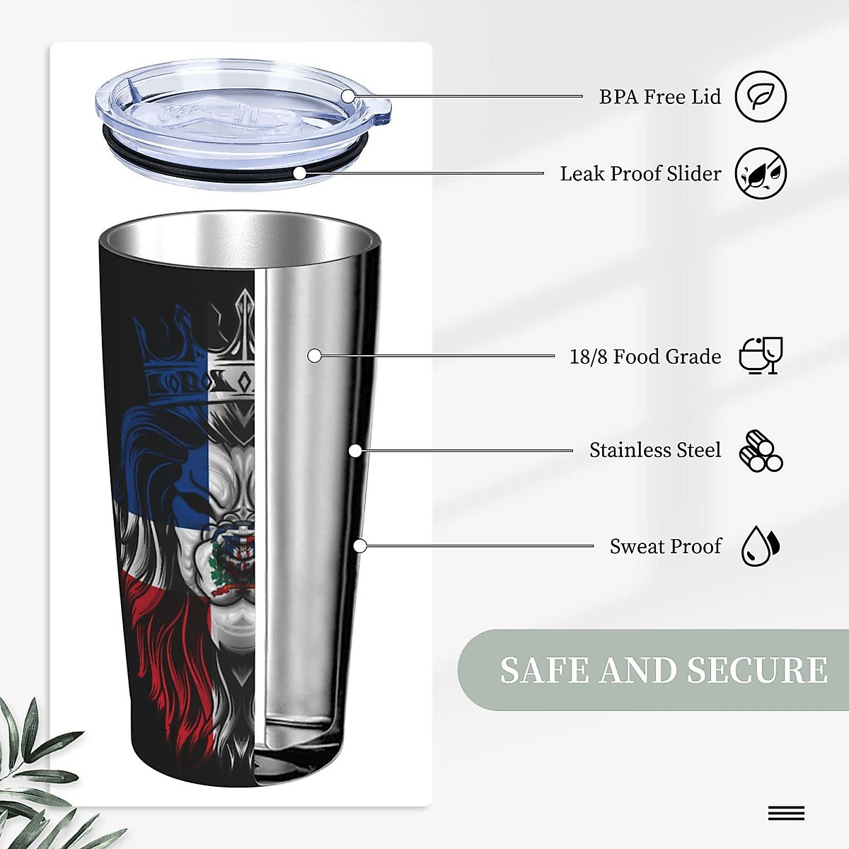Crown Lion And Flag Of Dominican Republic Coffee Cup,With Lid Spill Proof And Straw Thermos Cup Stainless Steel Water Bottle Reusable Auto Mug Travel Mug-20oz
