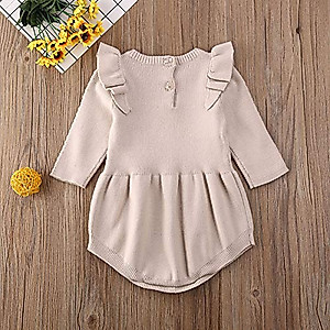 Merqwadd Infant Toddler Baby Girl Warm Romper Solid Longsleeve Knit Sweater Winter Rompers (Knitted Romper-Apricot, 6-12 Months)