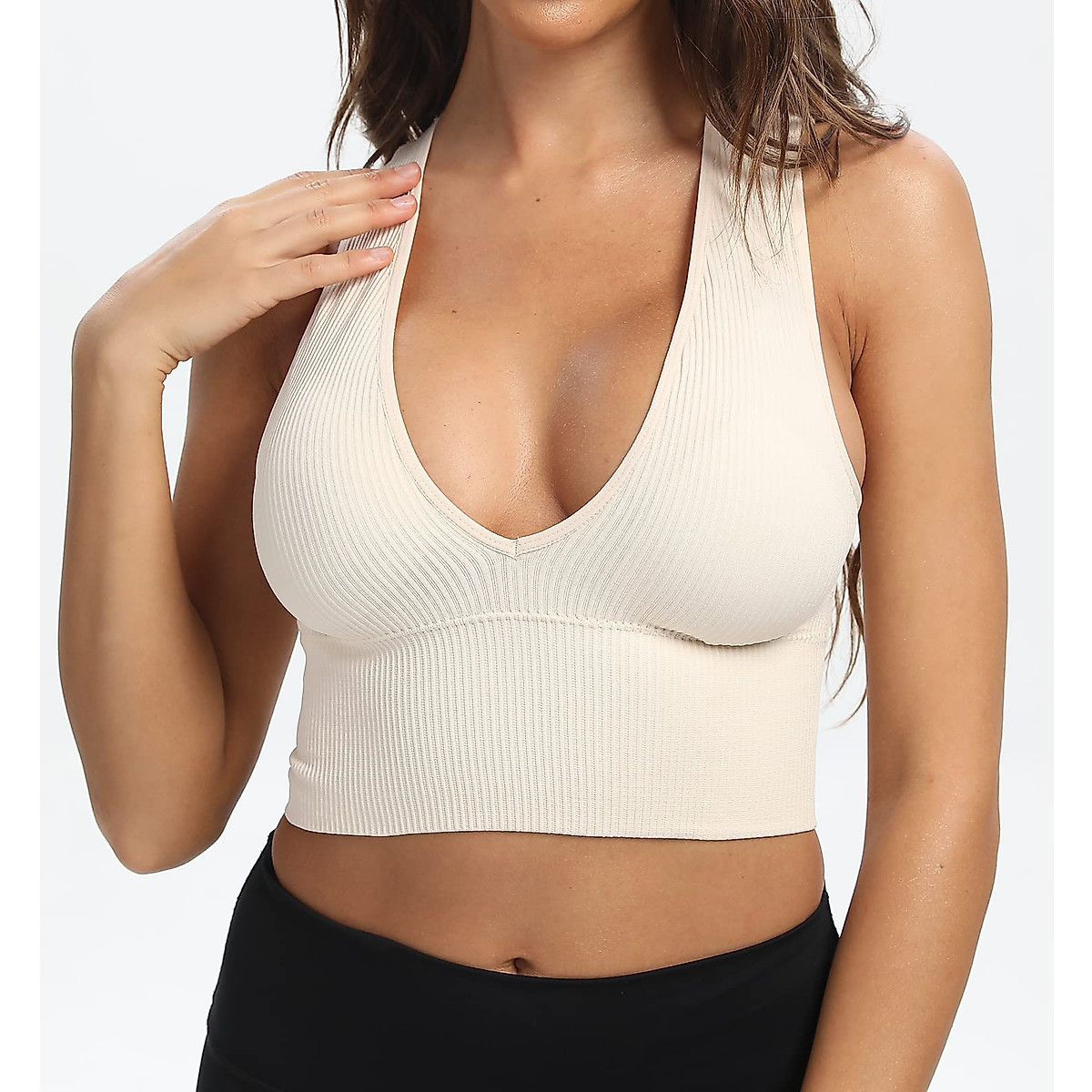 Venbond Women's Sexy Sleeveless Seamless Crop Top Deep Plunge V Neck Ribbed Tank Top with Removable Pads (Light Nude, M)