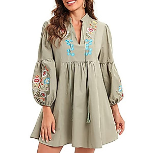 Aofur Women Bohemian Vintage Embroidered Cotton Spring Shift Mini Dress Long Sleeve Casual Tops Blouse (Medium, SR069 Green)