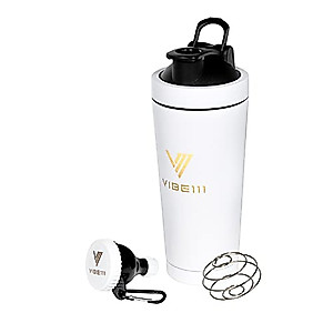 Vibe111 Protein Shaker with Funnel- 25OZ Stainless Steel Shaker Bottle with Portable Protein Funnel to Go | Insulated Shaker Bottles with Protein Powder Container Keychain and Blending Ball (Black)