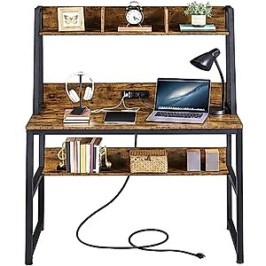 Yaheetech 47 in Modern Computer Desk with Power Outlets and 2 USB Ports, Home Office Study Writing Desk with Hutch and Bookshelf, Large Workstation Gaming Table with Charging Station, Rustic Brown