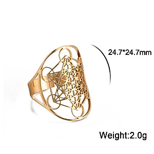 SIPURIS Metatron Cube Ring for Men Women Magic Men's Archangel Adjustable Finger Rings Signet Ring Band Stainless Steel Sacred Geometry Hexagram Protection Amulet Ring Statement Band (Gold)
