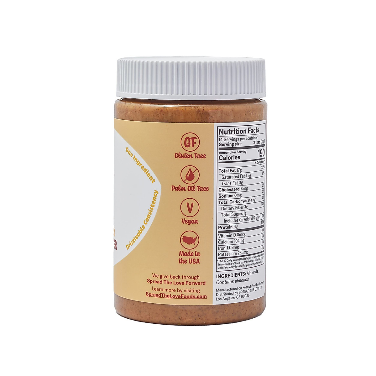 Spread The Love UNSALTED CRUNCH Almond Butter, 16 Ounce, All Natural, Vegan, Gluten Free, Creamy, No Added Salt or Sugar, No Palm Fruit Oil, Not Pasteurized with PPO, Made in California