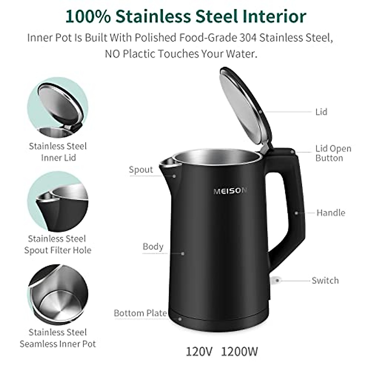 MEISON Electric Kettle, 1.7 L Double Wall Food Grade Stainless Steel Interior Water Boiler, Coffee Pot & Tea Kettle, Auto Shut-Off and Boil-Dry Protection, 1200W, 2 Year Warranty(Black)