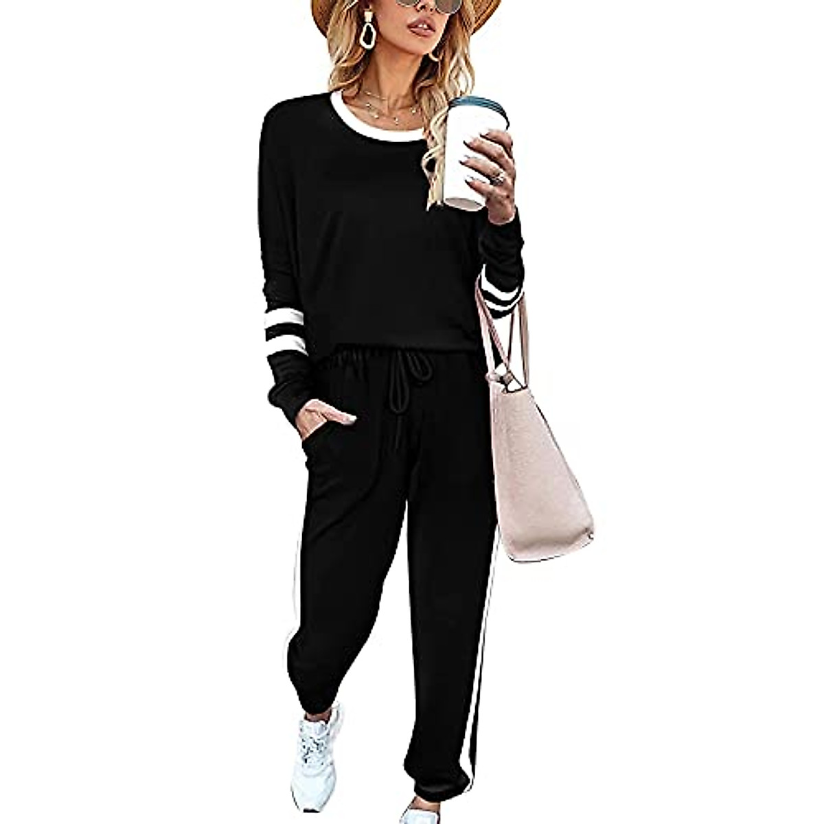 FZYLQY Lounge Sets for Women Sweatsuits Sets Two Piece Outfits Long Sleeve Pullover Matching Pants Workout Athletic Tracksuit Summer Outfits for Women