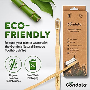 Gondola Adults Bamboo Toothbrushes- Eco Friendly Wooden Toothbrushes with Soft Bristles & Smooth Bamboo Handles - Biodegradable & Zero Waste Packaging-4 Pack