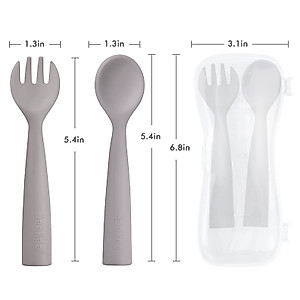 haakaa Toddler Forks and Spoons with Travel Safe Case,Self Feeding Toddler Utensils,Easy Grip Bendy Food-grade Silicone,Gray,12m+