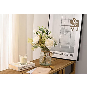 YJ Fake Flowers with Vase, Silk Roses Artificial Flowers in Vase, Faux Flower Arrangement with Vase Suitable for Home Office Decoration, Dining Table Centerpiece(White)