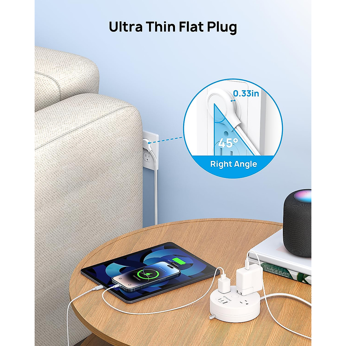 TROND Travel Power Strip - Retractable Extension Cord 5ft Ultra Thin Flat Plug, Retractable Power Strip with 3 AC Outlets 3 USB Ports (2 USB C), Cruise Ship Essentials, for Home Hotel Dorm Room, White