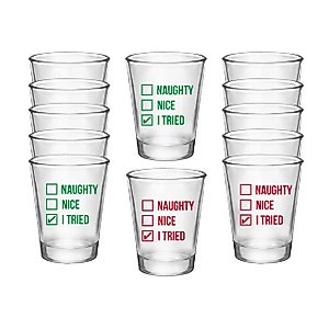 Naughty, Nice, I Tried 6 Red and 6 Green Christmas Shot Glasses - Set of 12 Glass Party Shot Cups with Double-Sided Prints - Holiday Cocktail Glasses for Drinking Liquor, Tequila, Vodka