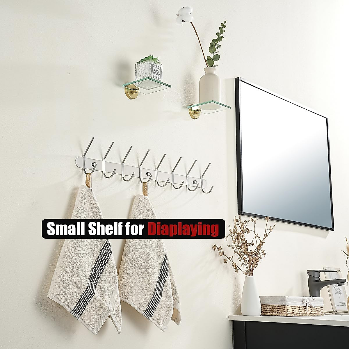 JQK Small Floating Glass Shelves Gold, 4 Inch Display Ledges for Wall, Mini Decor, Living Room Bedroom Bathroom, Tempered Glass Shower Storage, 2 Pack, TGS101L4-BG-P2