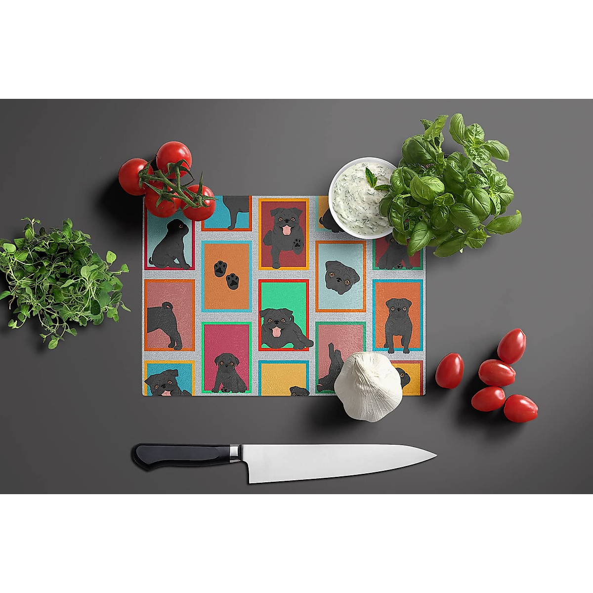Caroline's Treasures MLM1091LCB Lots of Black Pug Glass Cutting Board Large Decorative Tempered Glass Kitchen Cutting and Serving Board Large Size Chopping Board