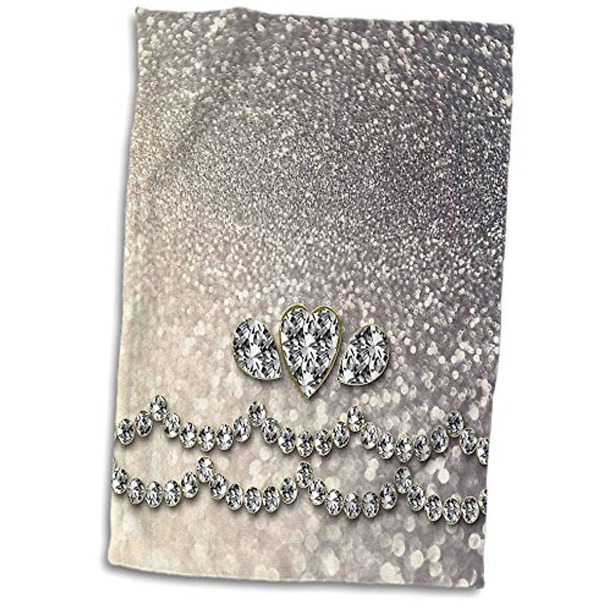 3dRose Sparkling Luxury Diamond and Heart Silver Faux Glitter Effect Print Towel, 15 x 22