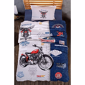 paradise RANFORCE 100% Cotton Motorcycle Bedding Set, Motorbike Themed Twin Size Quilt/Duvet Cover Set, Blue Bed Set, Reversible, (3 Pieces, Blue)