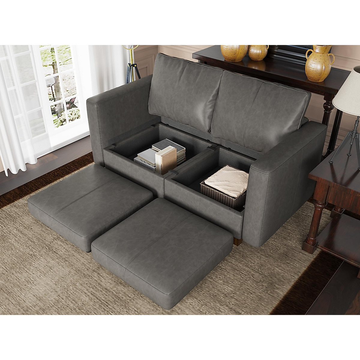 EASE MOOSE Modular Sectional Loveseat Sofa Couch with Storage Seats, 2 Seat Faux Leather Convertible Modular Sofa Love Seats for Small Spaces