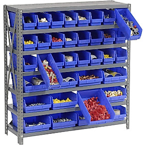 Global Industrial 7 Shelf Steel Shelving with (36) 4" H Plastic Shelf Bins, Blue, 36x12x39
