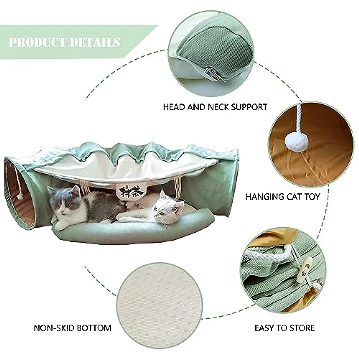 Kimruule Cat Tunnels for Indoor Cats, 2-in-1 Cat Tunnel Bed with Cat Toys Collapsible Cat Tunnel Tubes Toys with Removable Mat for Cats Kittens Ferret Rabbits Bunnies (Green)