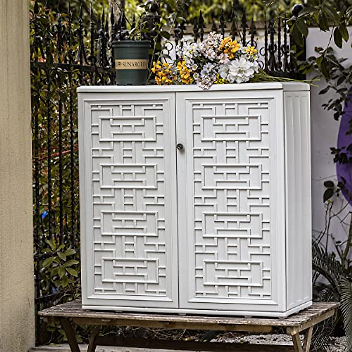 KINYING Resin Storage Cabinet with Doors and Shelves, 60 Gallon Indoor & Outdoor Deck Box Waterproof for Patio Furniture Cushions, Garden Tools, Pool Tools and Kids’ Toys (Off-White with 2 Shelves)