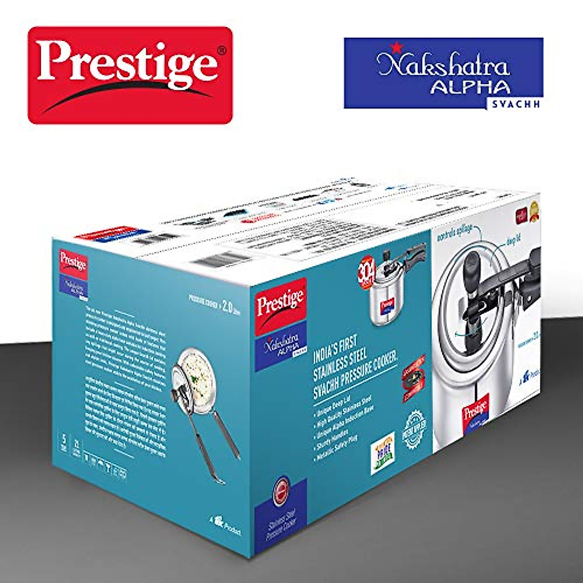 Prestige Nakshatra Alpha Svachh Stainless Steel Induction Base 2 Liter Pressure Cooker with Deep Lid for Spilage Control