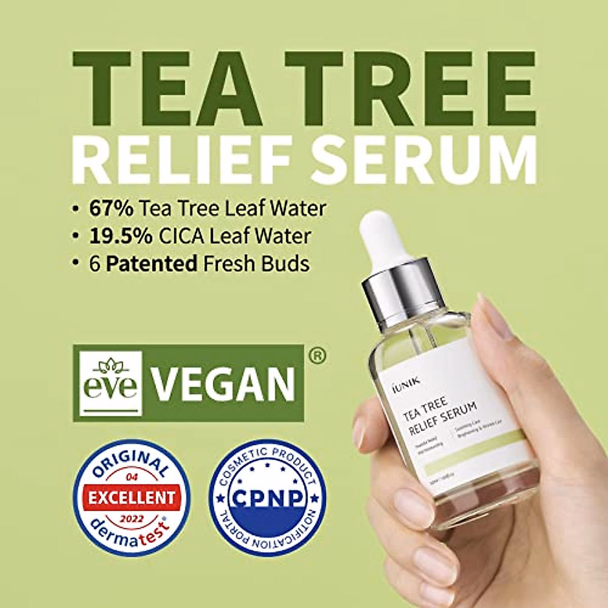 IUNIK Tea Tree 67% Relief Vegan Facial Serum Clear Skin Acne-Prone Sensitive Oily Skin - Plant-based Ingredients Centella Asiatica Soothing Calming Irritated Breakout Rosacea Blemish Korean Skincare