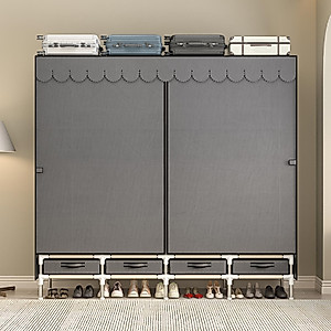 LEAIJIAFY Large Portable Armoire Wardrobe Closet with 4 Hanging Rods and Drawers,Gray Metal Storage Wardrobe Clothes Rack with Dust Cover for Hanging Clothes,67.7 in Width,Bedroom