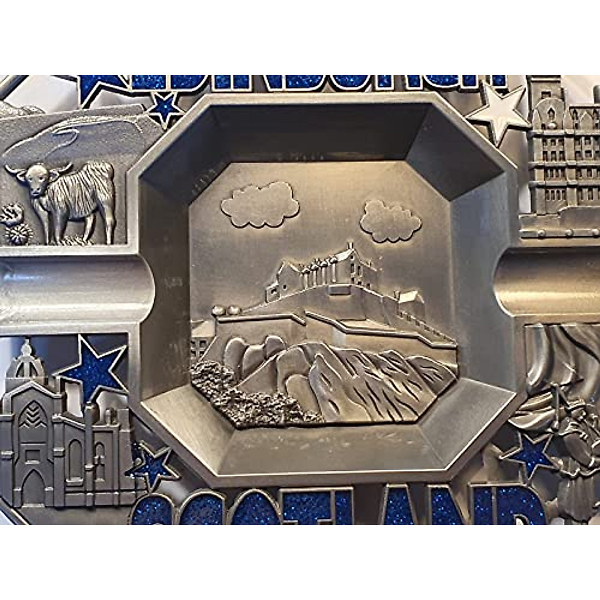Edinburgh Scotland Metal Ashtray - Castle / Scottish Piper / Highland Cattle / Words in Blue Letters / Souvenir