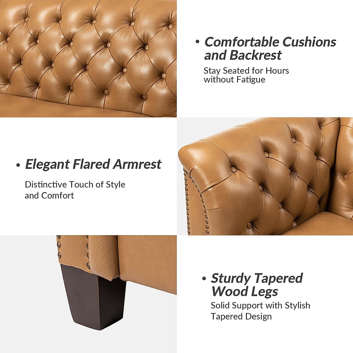 HULALA HOME Tufted Genuine Leather Sofa Couch 2-Seater Chesterfield Sectional Sofa for Living Room, Camel
