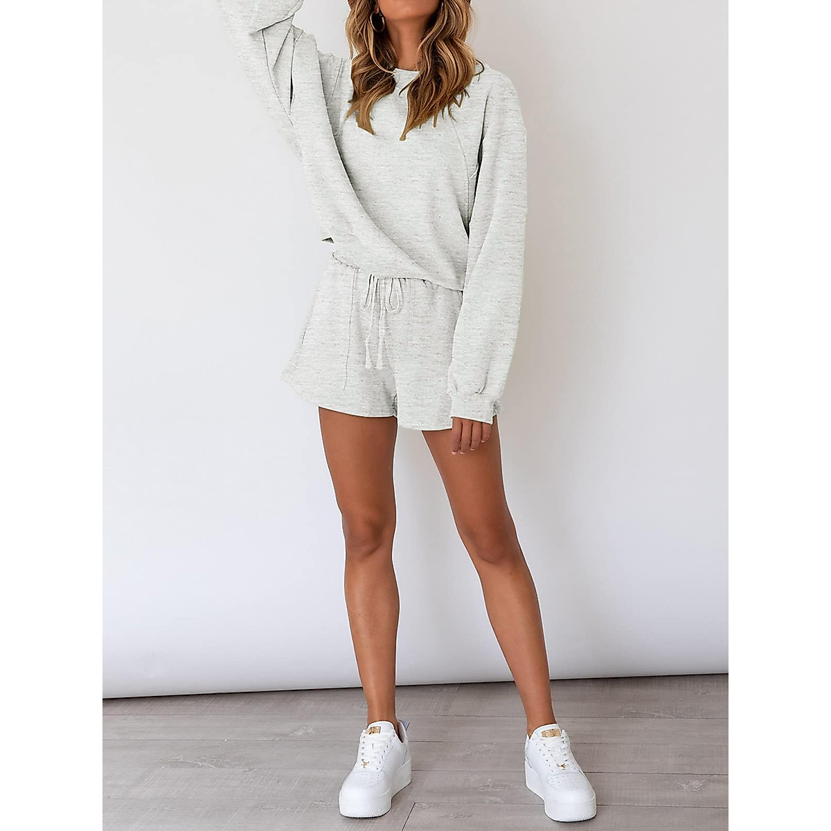MEROKEETY Women's 2025 Fall Oversized Batwing Sleeve Lounge Sets Casual Top and Shorts 2 Piece Outfits Sweatsuit Light Grey
