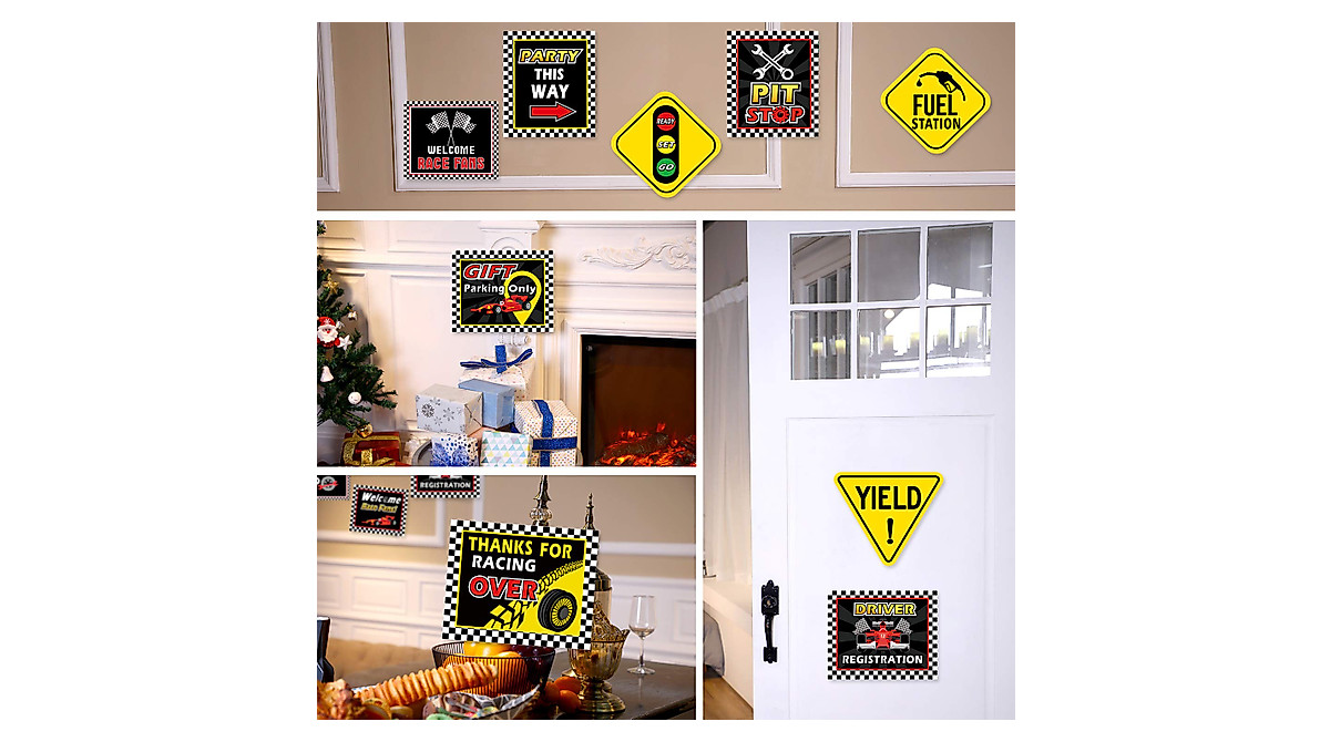 Racing Party Signs - 12 Laminated Car Decoratives for Kids' Race Day