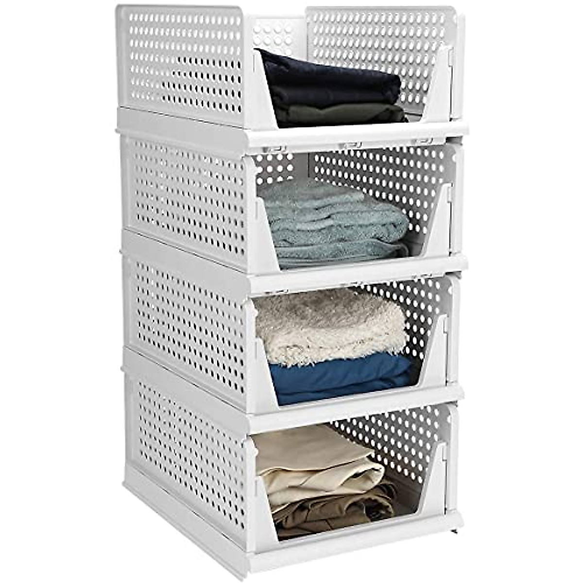 Set of 4 Stackable Closet Wardrobe Storage Bins Organizer (Easy Open and Folding), Plastic White Wardrobe Shelves Closet Organiser Box, Pull Out Like a Drawer, Suitable for Home, Bedroom, Kitchen