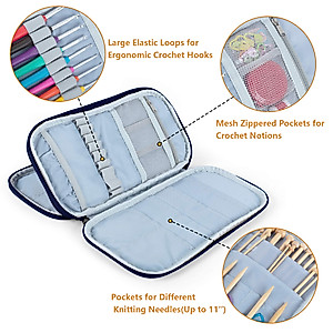 Teamoy Afghan Crochet Hook Case(up to 11" Long), Tunisian Crochet Organizer Bag for Ergonomic Crochet Hooks, Knitting Needles and Accessories, Cats Blue